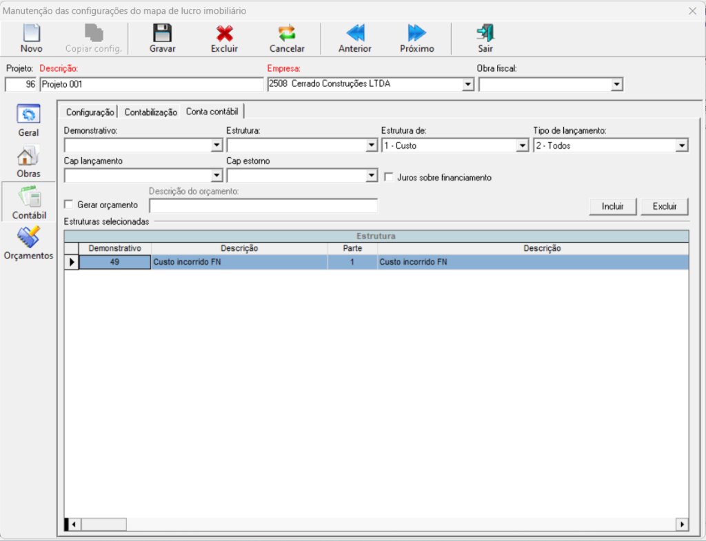 Configurações do mapa de lucro imobiliário – Globaltec
