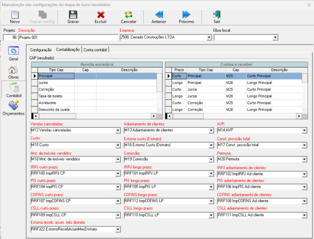 Configurações do mapa de lucro imobiliário – Globaltec